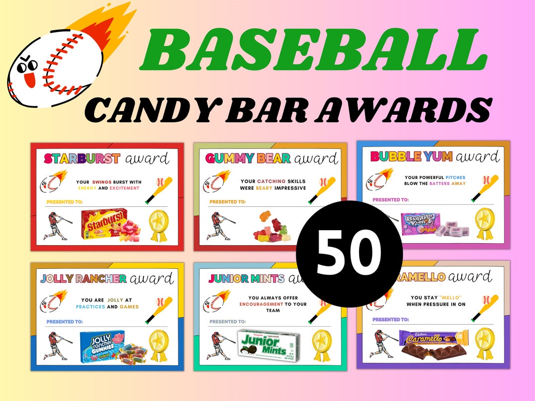 50 Baseball Candy Bar Awards, Baseball Team Award Certificates, End of ...