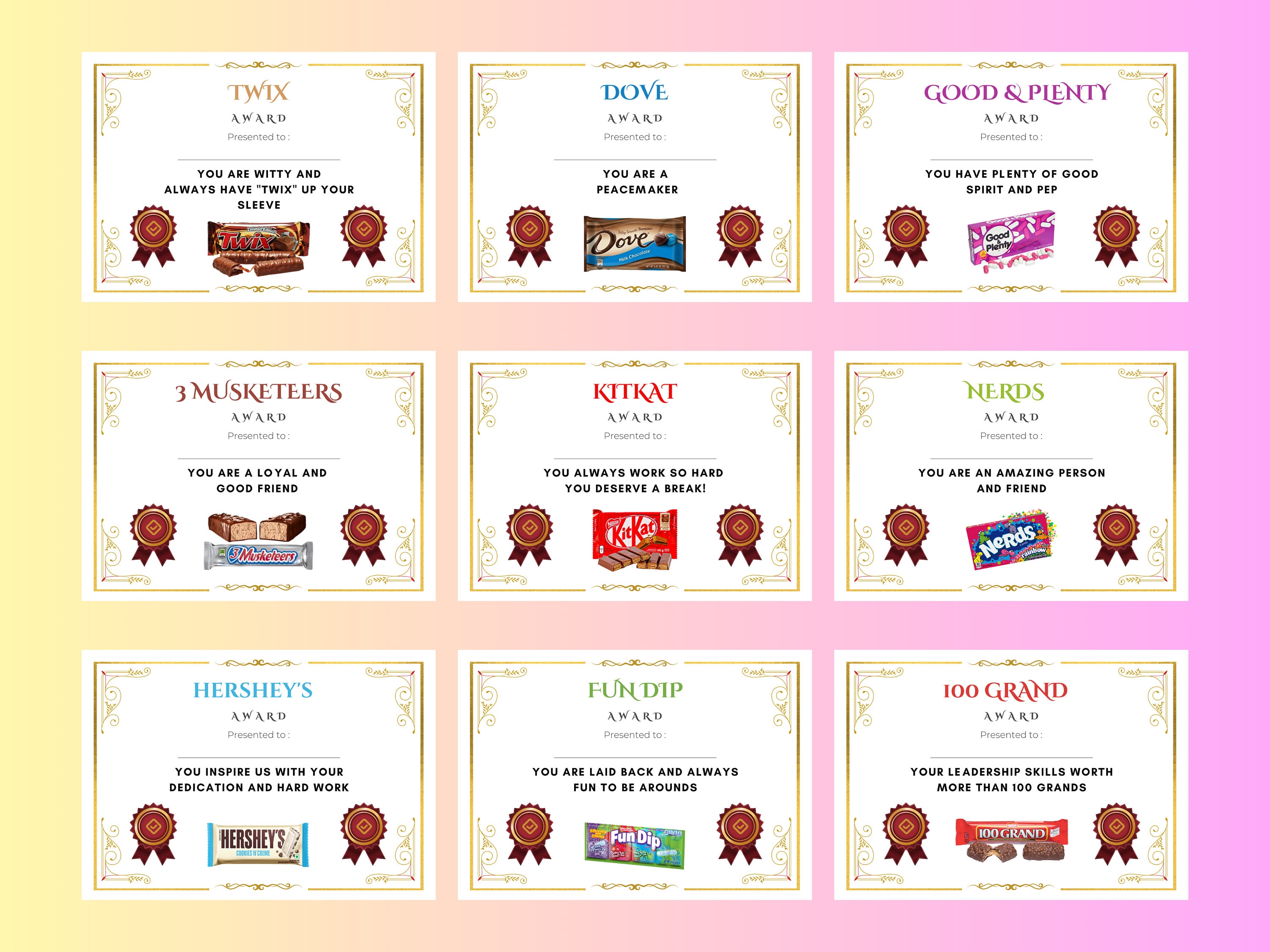 50 Individual Candy Bar Awards Candy Bar Award Certificates - Etsy