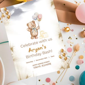 Editable Teddy Bear Birthday Invitation Canva Template Digital Download ...