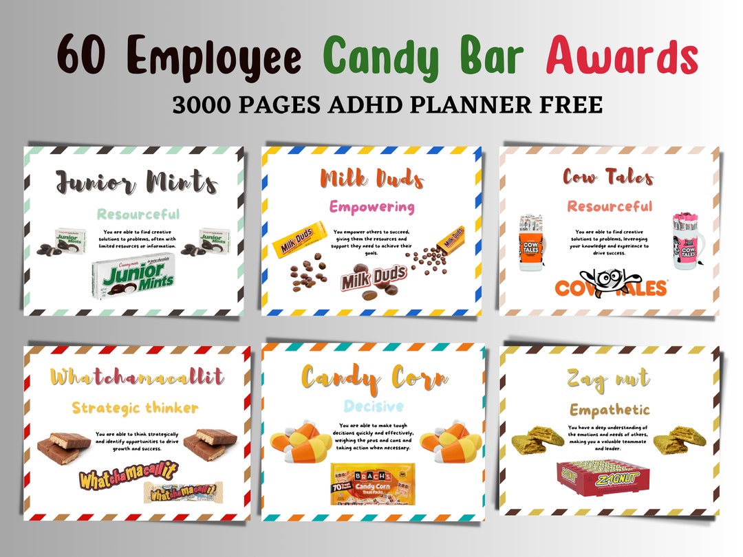 60 EMPLOYEE CANDY BAR Awards - Candy Bar Award Certificates - Co-worker ...