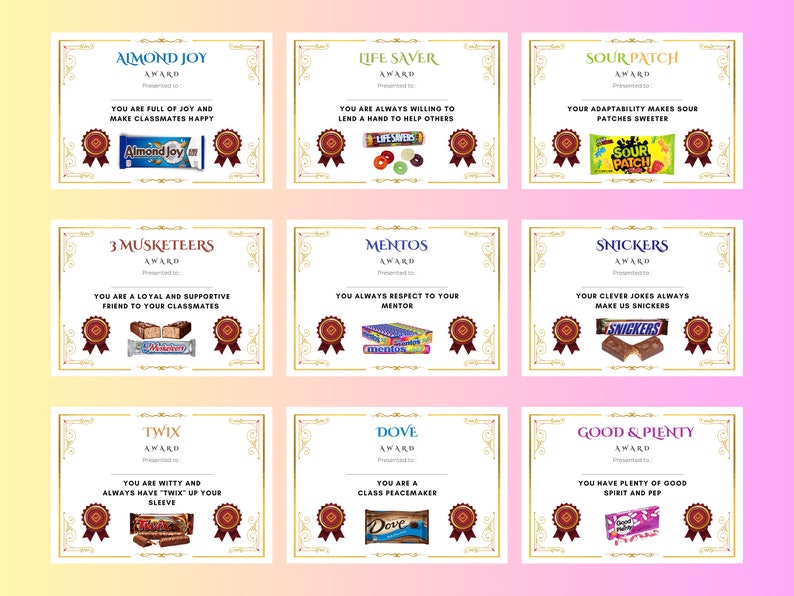 Student Candy Bar Awards Class Candy Bar Award Certificates - Etsy
