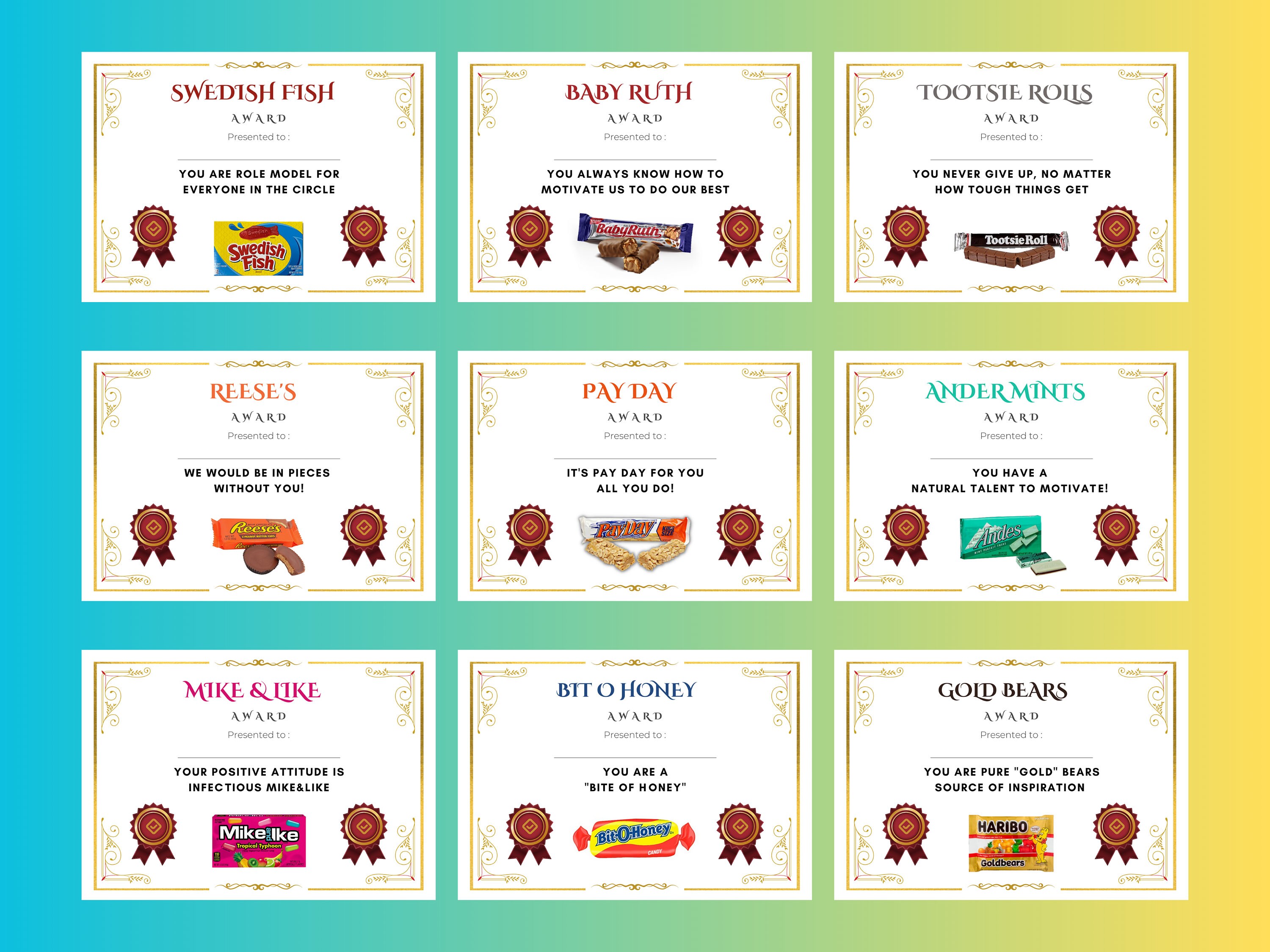 50 Candy Bar Awards Candy Bar Award Certificates Individual Candy Bar ...