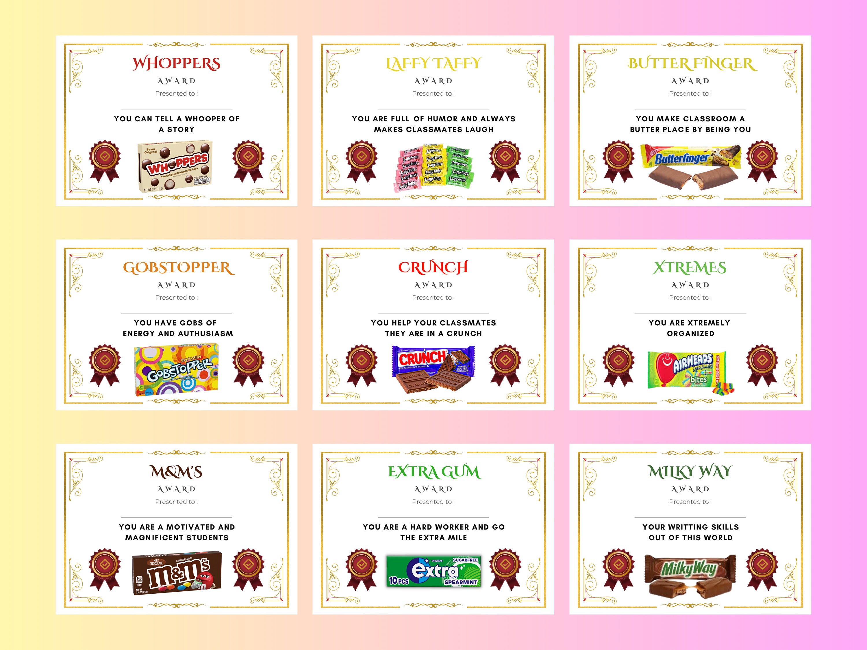 Student Candy Bar Awards Class Candy Bar Award Certificates Candy Bar ...