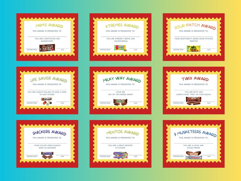 50 Individual Candy Bar Awards Candy Bar Award Certificates Individual ...