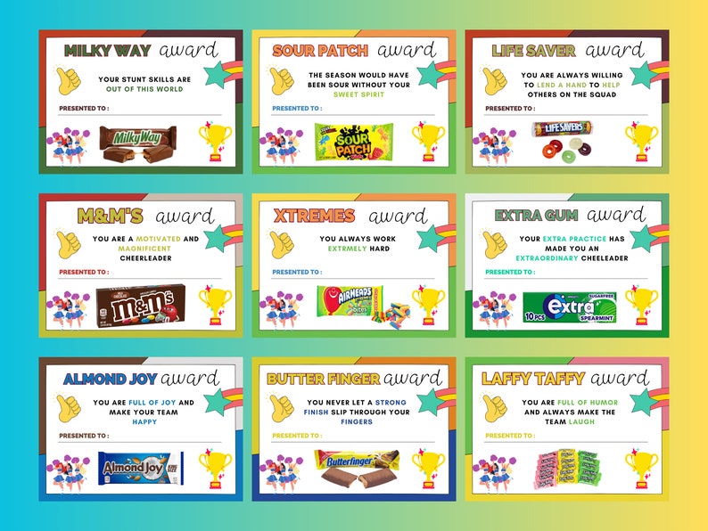 Cheer Team Candy Bar Award Certificates Cheerleader Candy Bar Awards ...