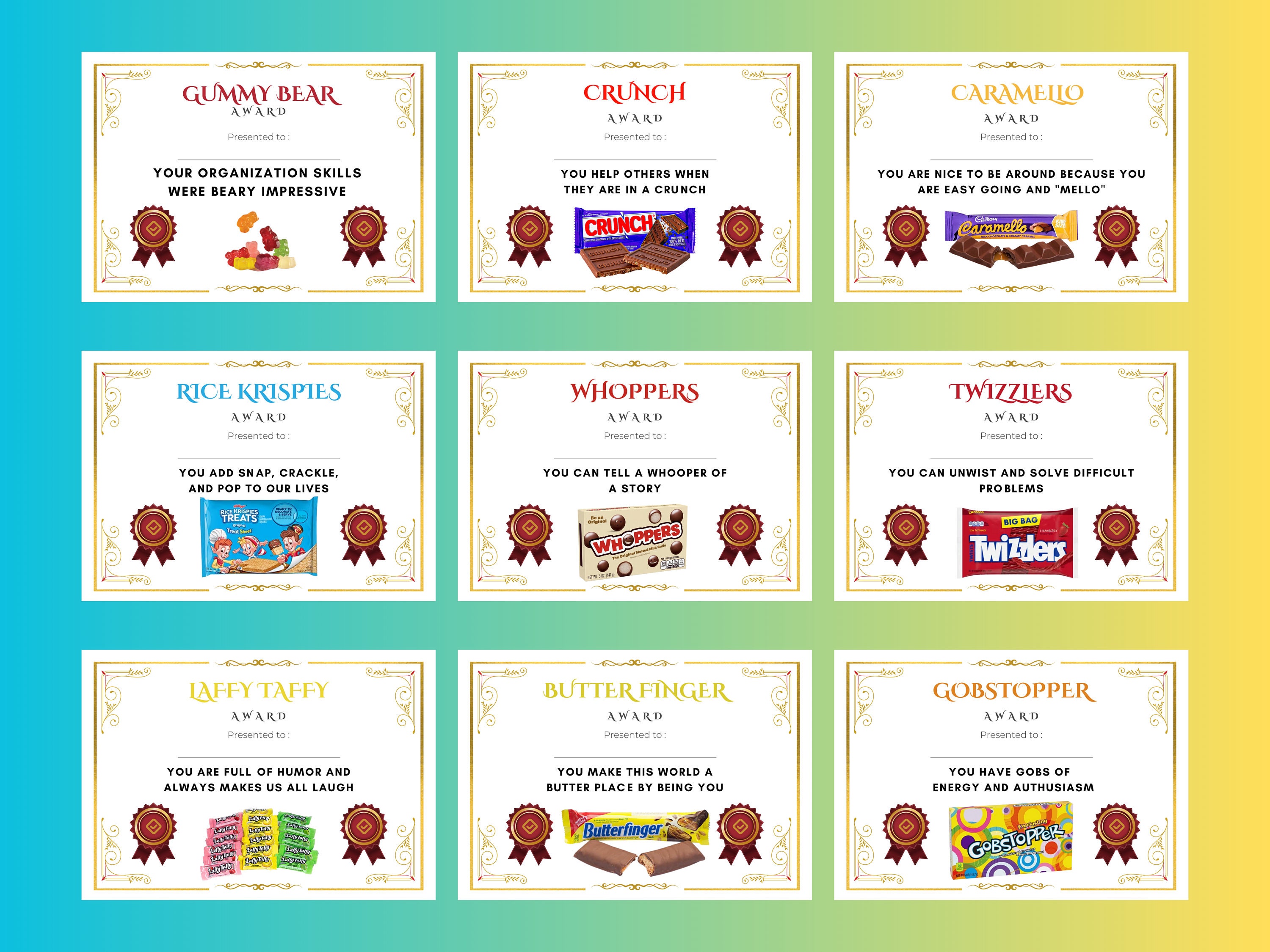 50 Candy Bar Awards Candy Bar Award Certificates Individual Candy Bar ...