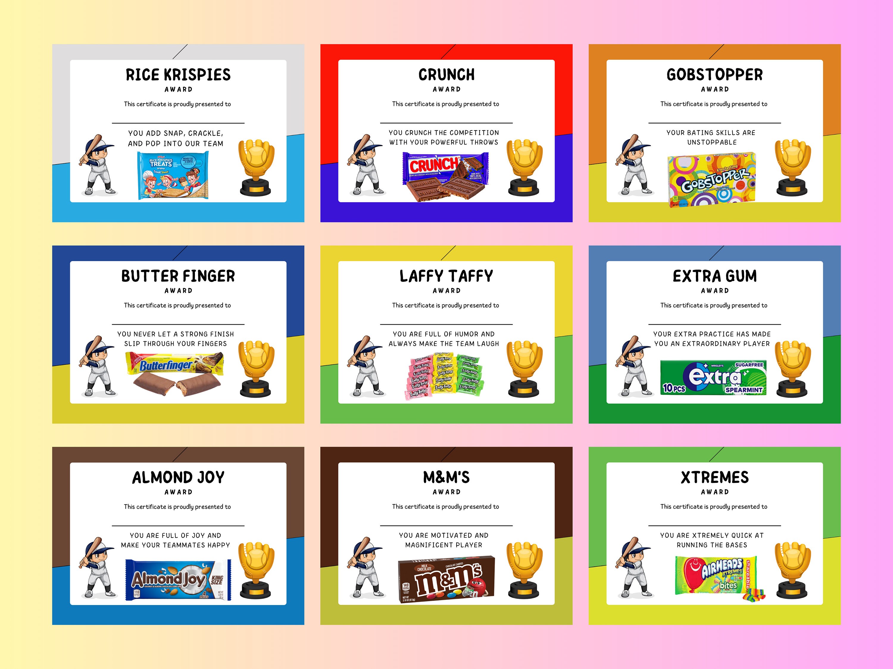 50 Baseball Candy Bar Awards, Baseball Team Award Certificates, End of ...