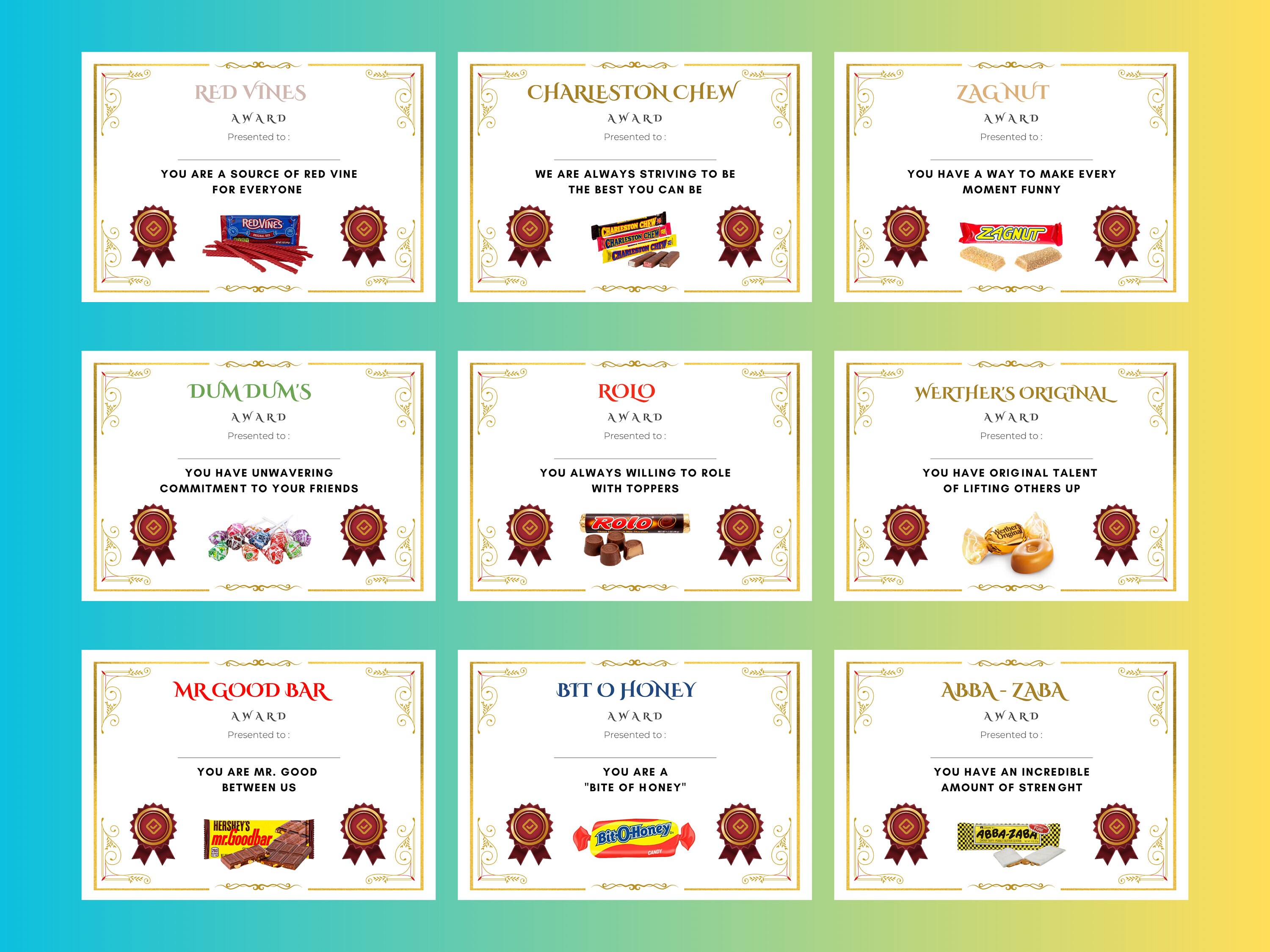 50 Candy Bar Awards Candy Bar Award Certificates Individual Candy Bar ...