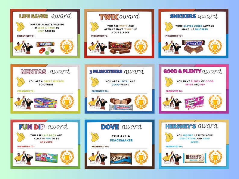 50 EMPLOYEE CANDY BAR Awards - Candy Bar Award Certificates - Co-worker ...