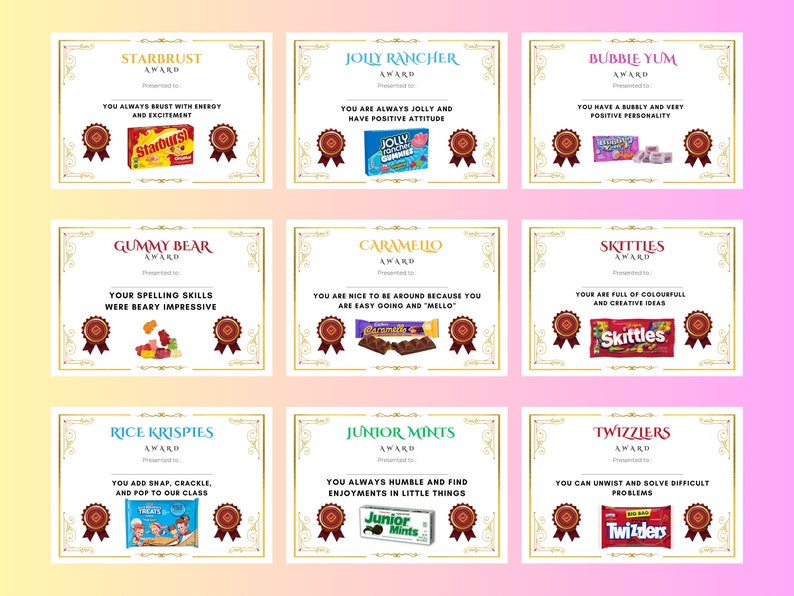 Student Candy Bar Awards Class Candy Bar Award Certificates - Etsy