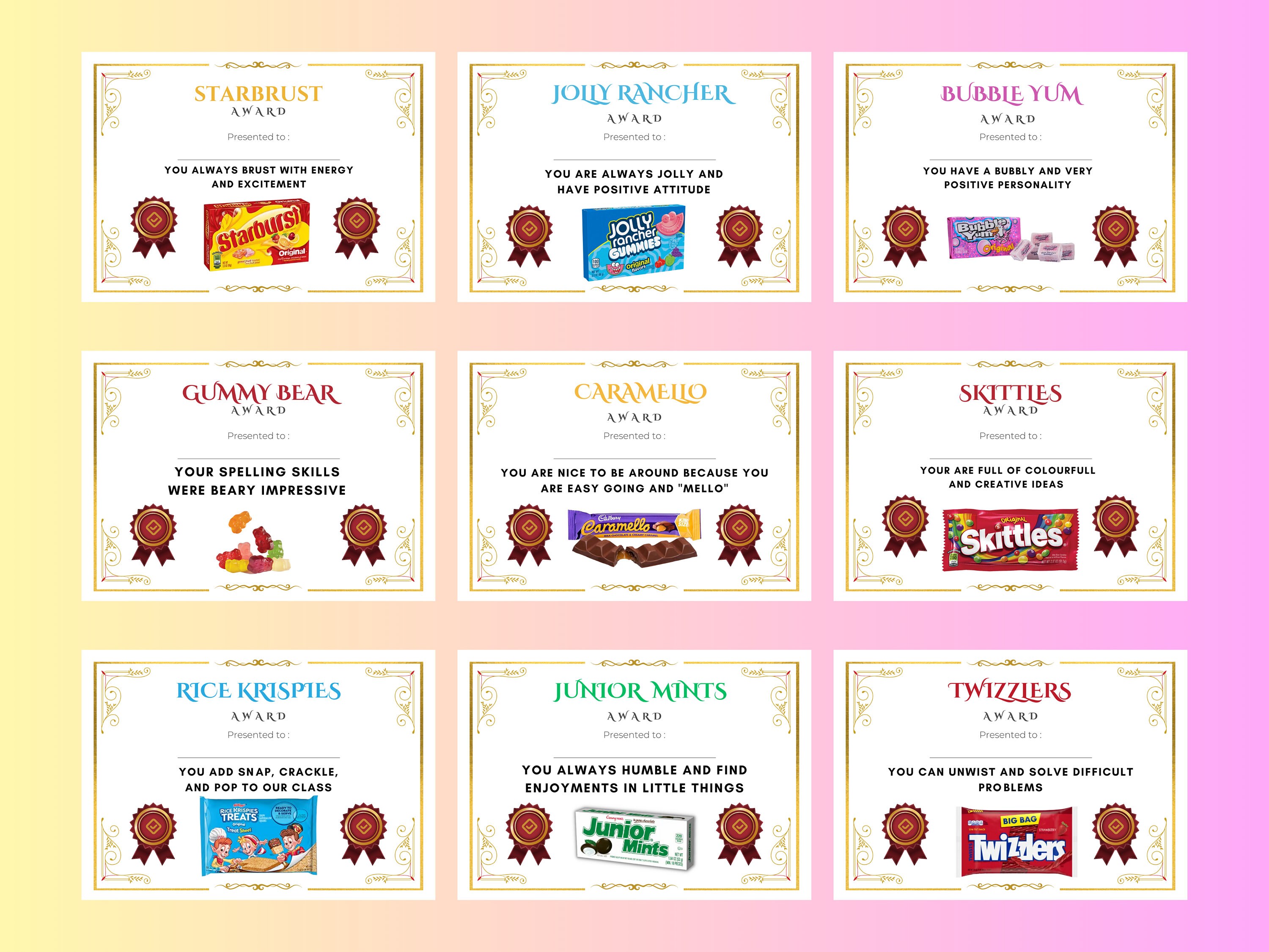 Student Candy Bar Awards Class Candy Bar Award Certificates Candy Bar ...