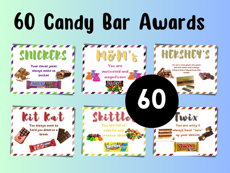 60 Candy Bar Awards Candy Bar Award Certificates Individual Candy Bar ...