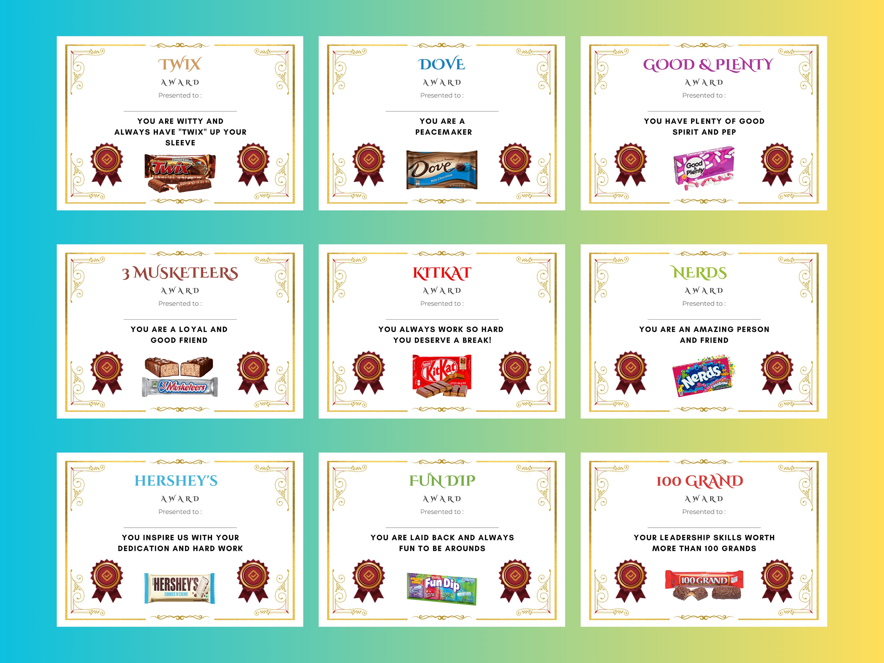50 Candy Bar Awards Candy Bar Award Certificates Individual Candy Bar ...