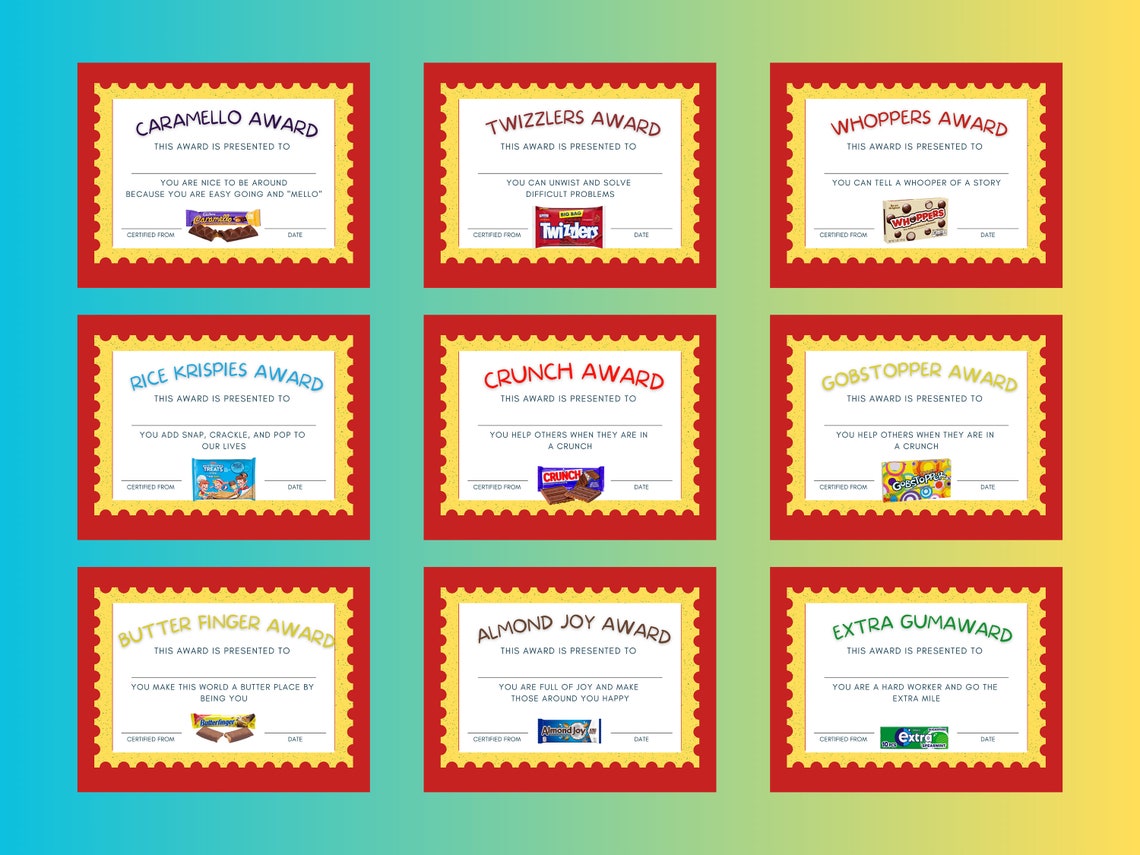 50 Individual Candy Bar Awards Candy Bar Award Certificates Individual ...