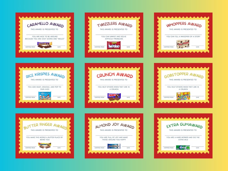 50 Individual Candy Bar Awards Candy Bar Award Certificates Individual ...