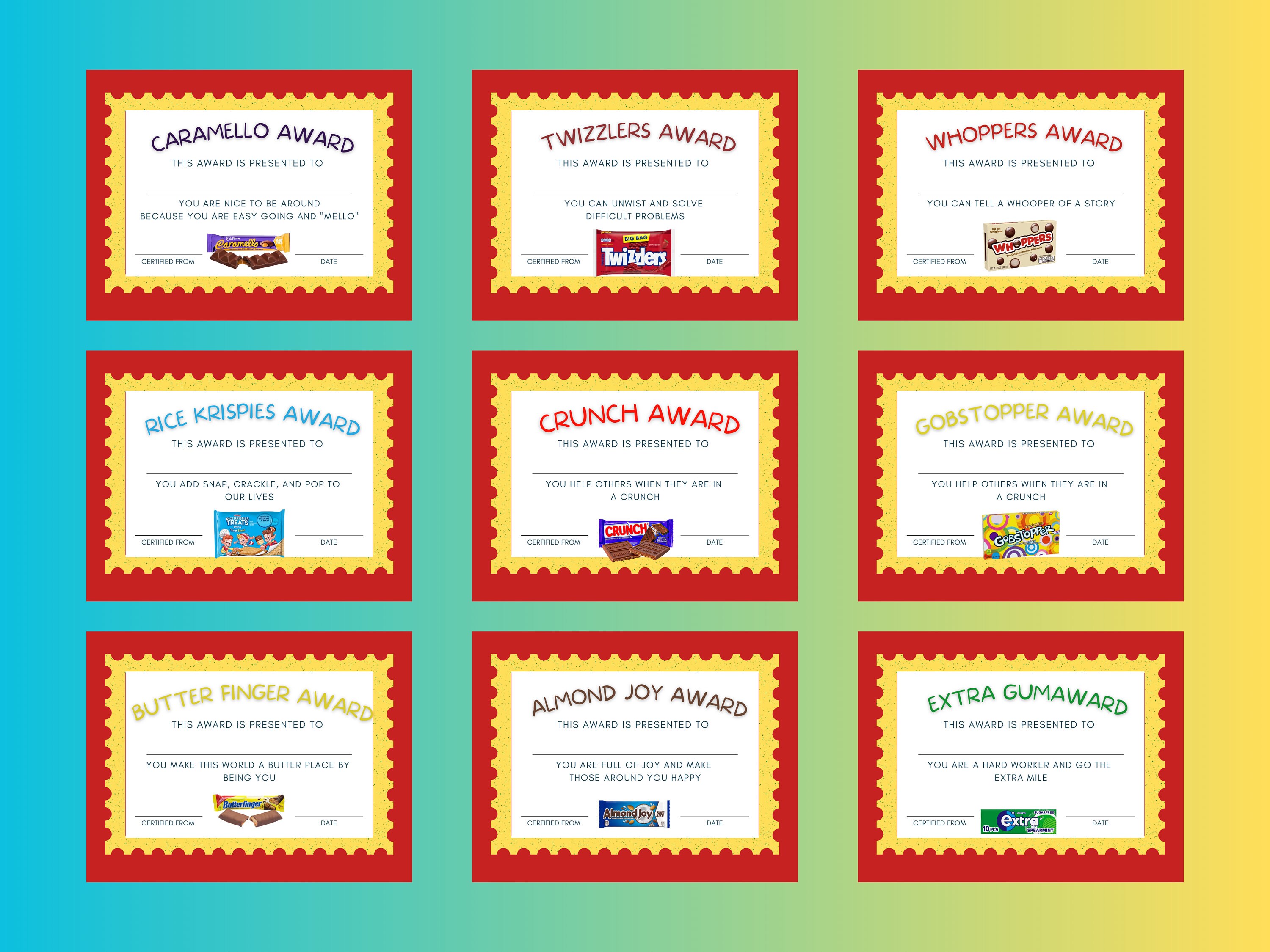 50 Individual Candy Bar Awards Candy Bar Award Certificates Individual ...