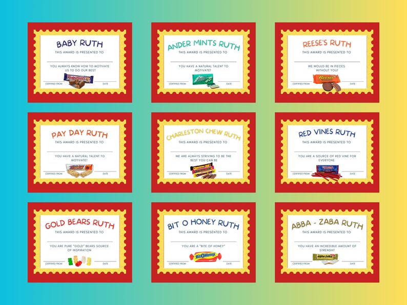 50 Individual Candy Bar Awards Candy Bar Award Certificates Individual ...