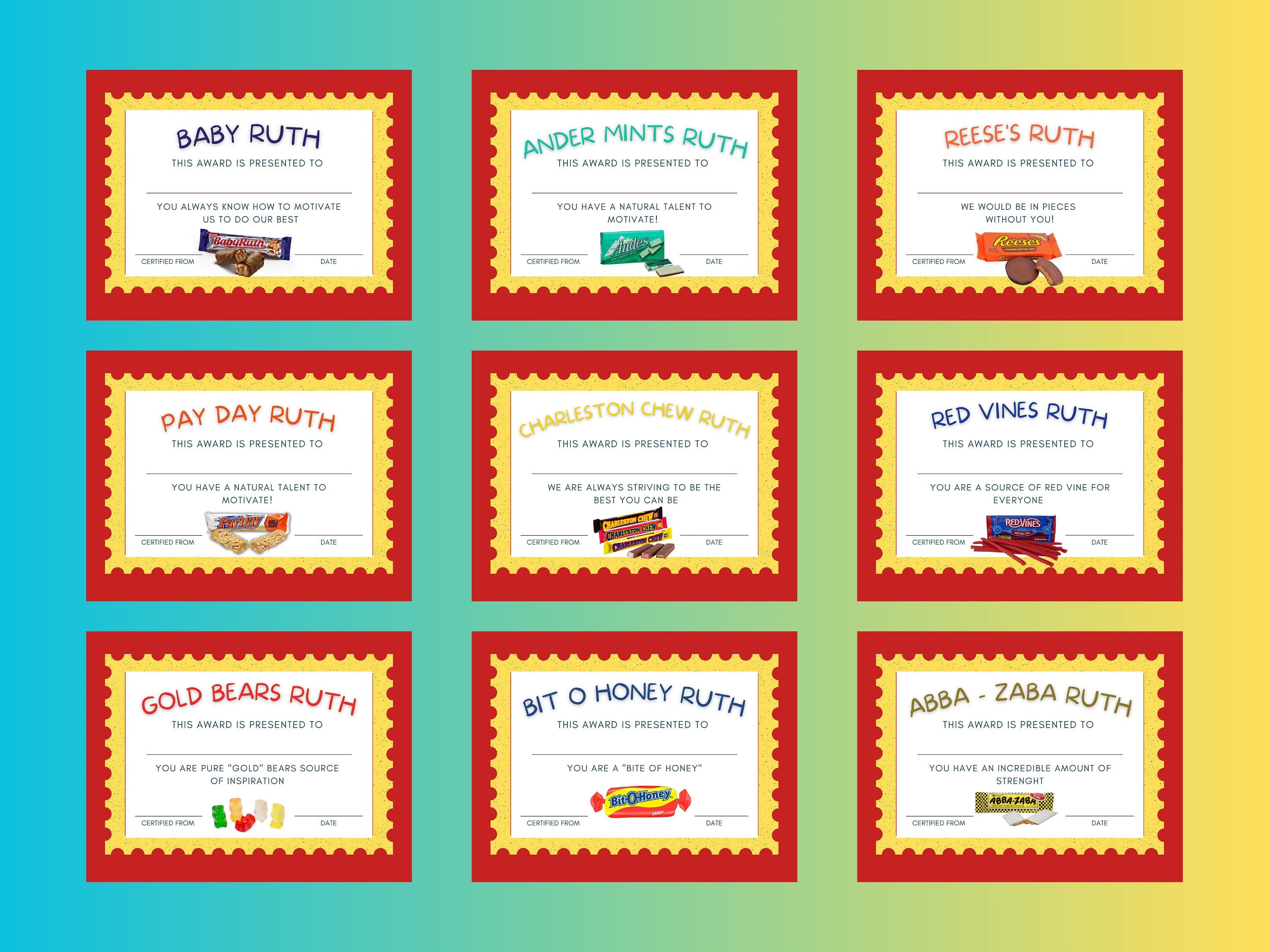 50 Individual Candy Bar Awards Candy Bar Award Certificates Individual ...