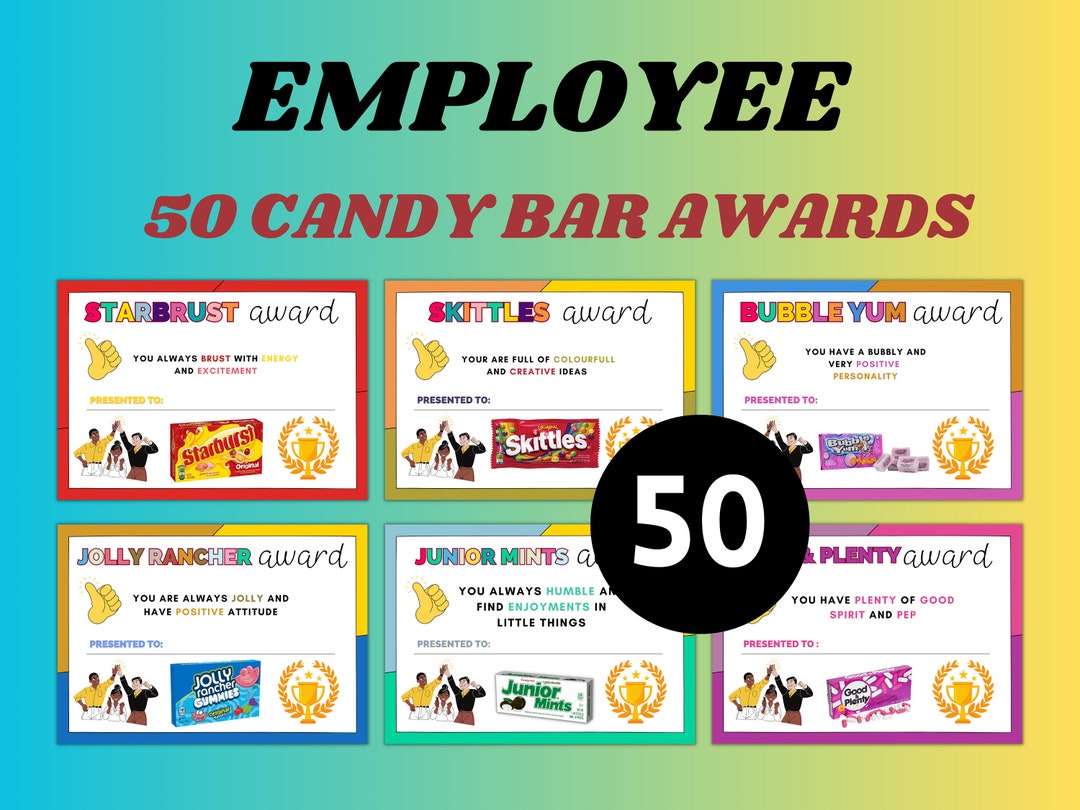50 EMPLOYEE CANDY BAR Awards Candy Bar Award Certificates Co-worker ...