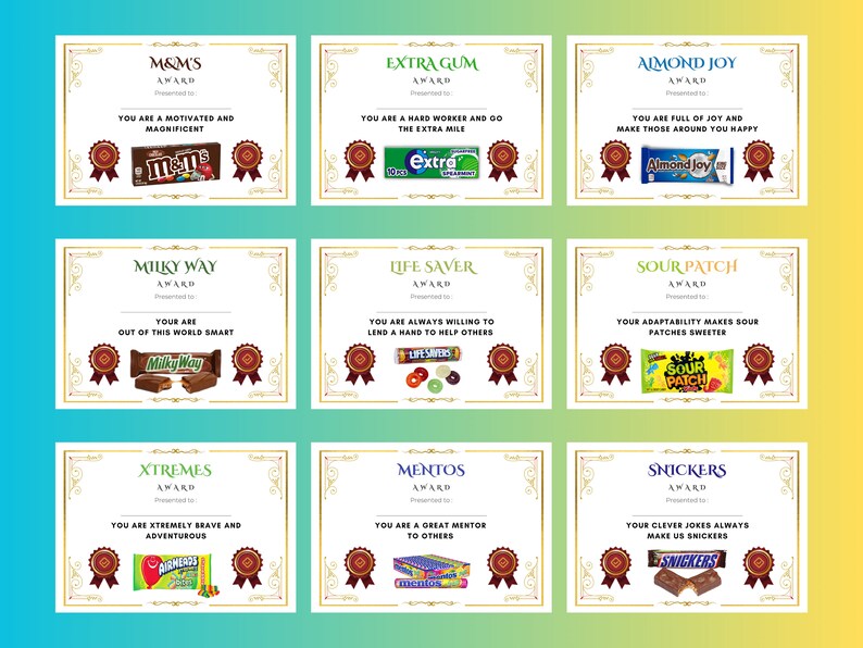 50 Candy Bar Awards Candy Bar Award Certificates Individual Candy Bar ...