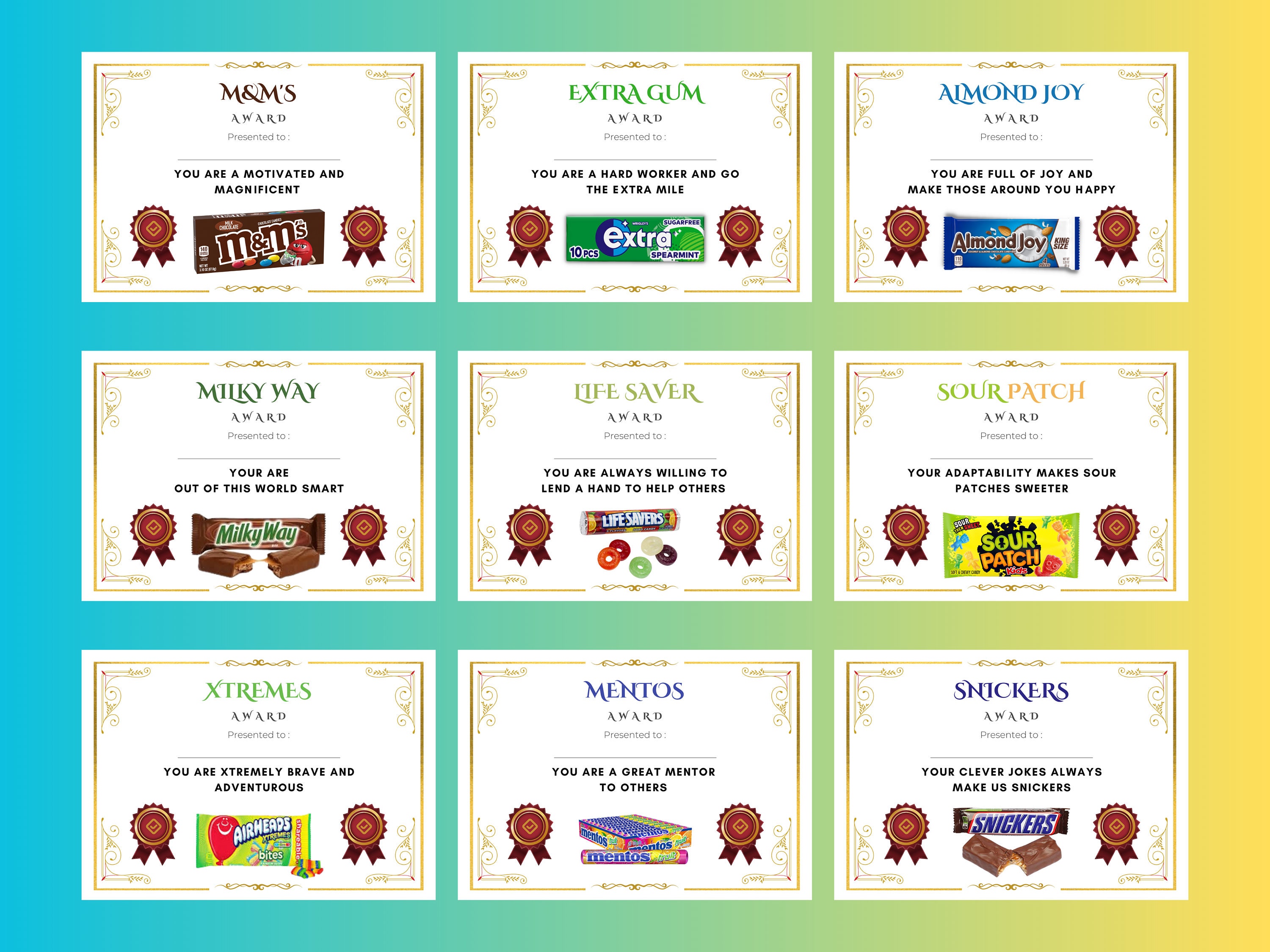 50 Candy Bar Awards Candy Bar Award Certificates Individual Candy Bar ...