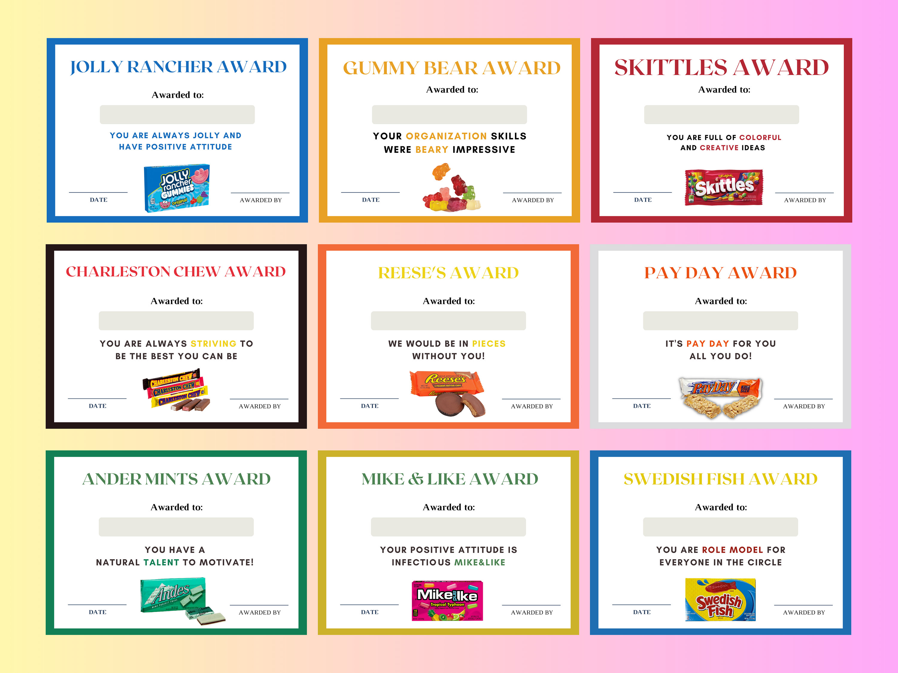 50 Individual Candy Bar Awards Candy Bar Award Certificates Individual ...