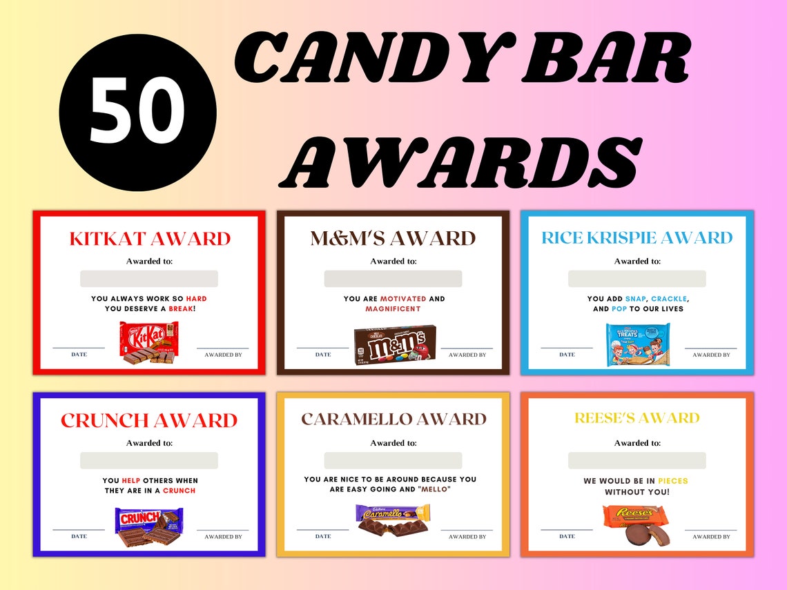 50 Individual Candy Bar Awards Candy Bar Award Certificates Individual ...