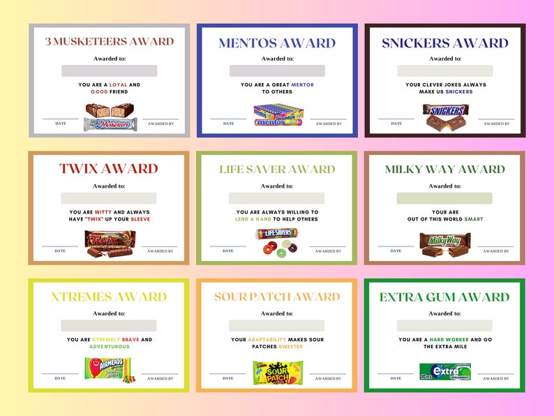 50 Individual Candy Bar Awards Candy Bar Award Certificates Individual ...