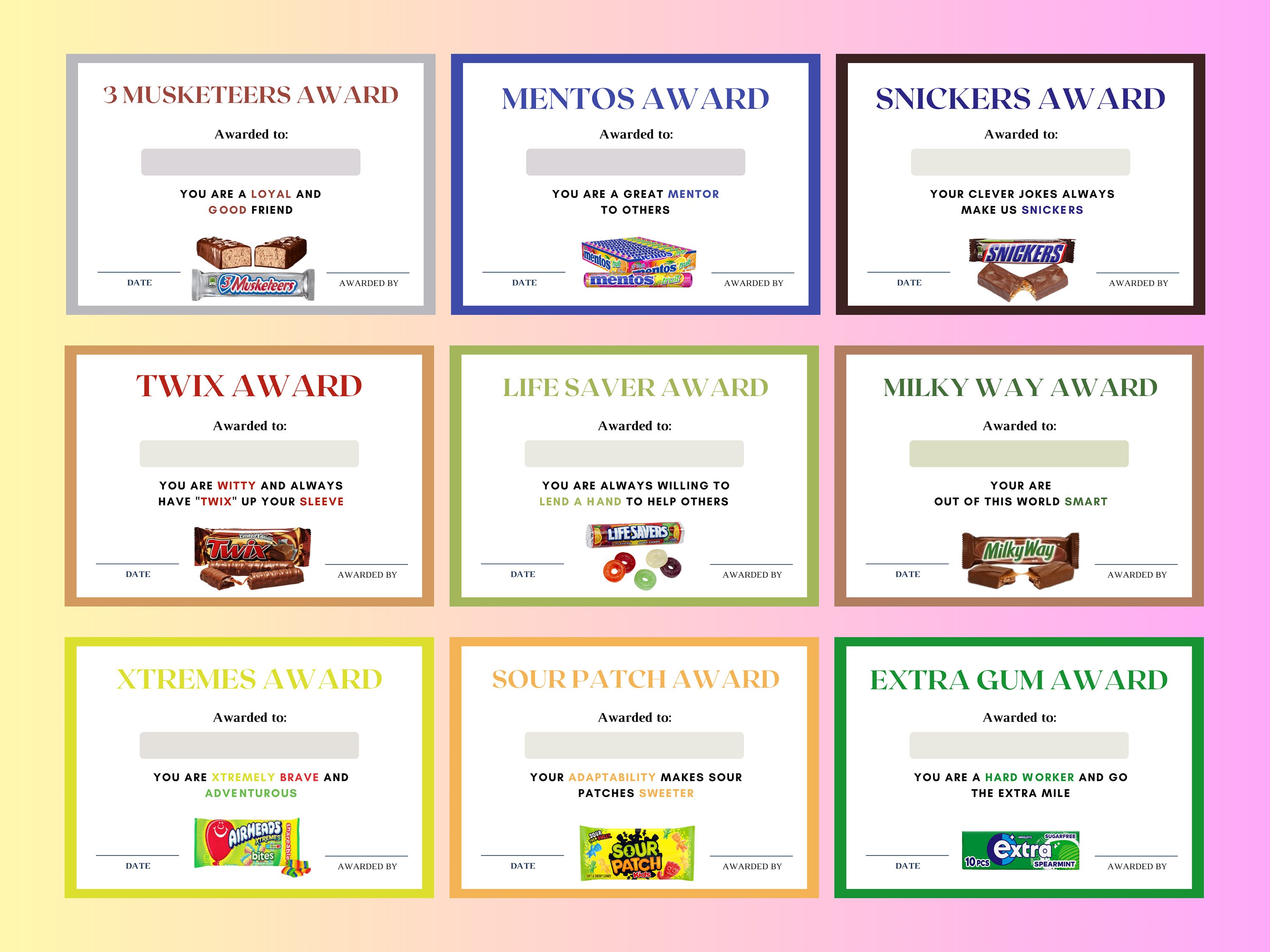 50 Individual Candy Bar Awards Candy Bar Award Certificates Individual ...