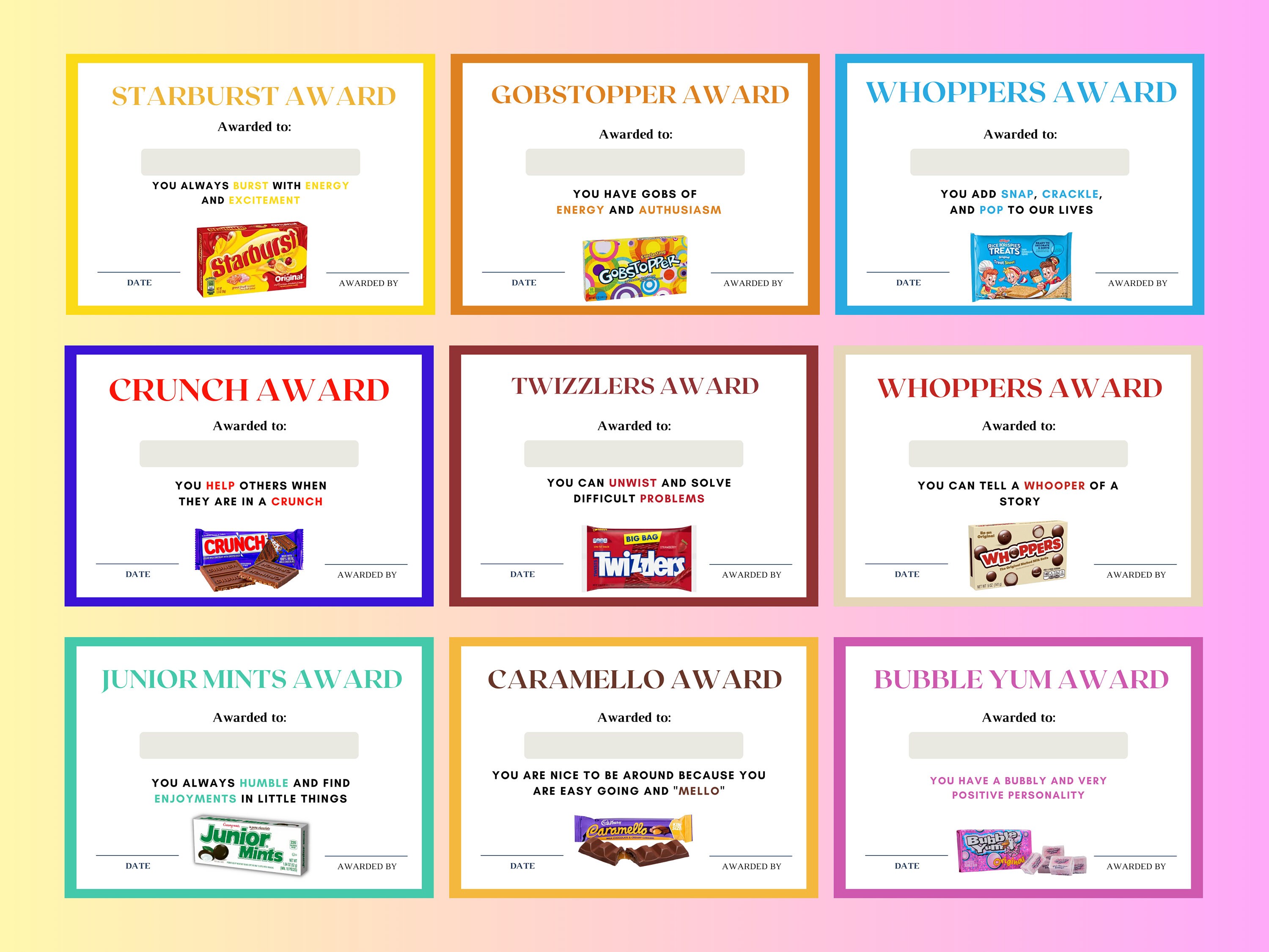 50 Individual Candy Bar Awards Candy Bar Award Certificates Individual ...