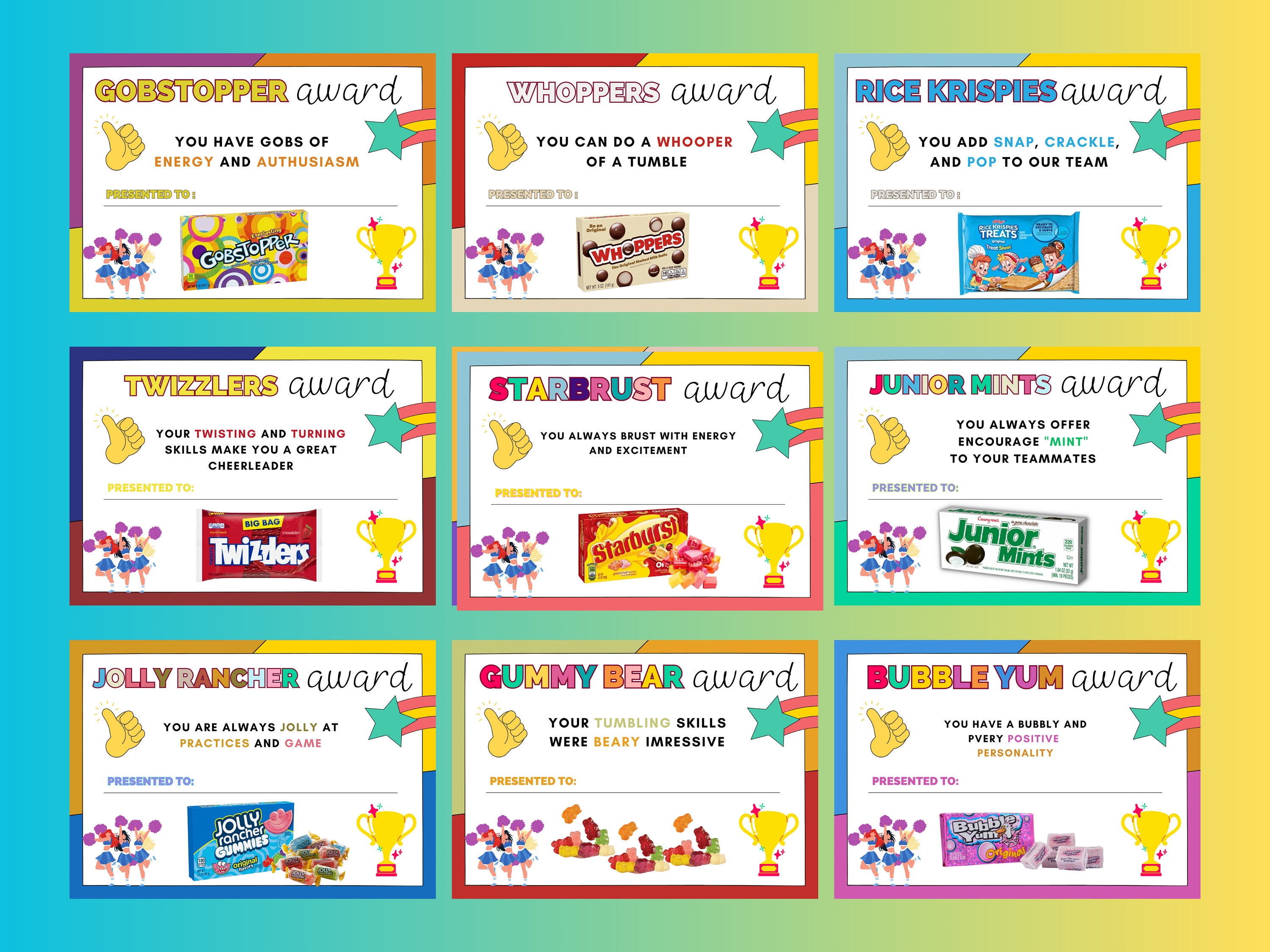 Cheer Team Candy Bar Award Certificates Cheerleader Candy - Etsy Canada