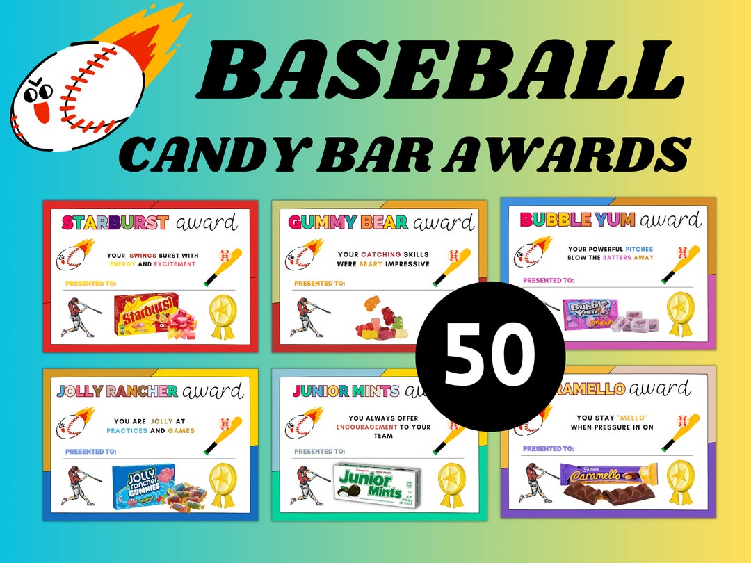 50 Baseball Candy Bar Awards, Baseball Team Award Certificates, End of ...