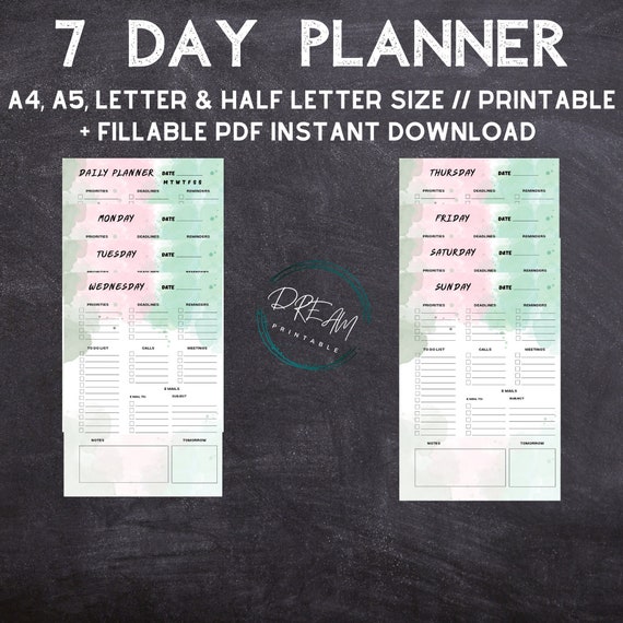 Printable 7 Day Planner Daily Planner Weekly Planner to Do | Etsy
