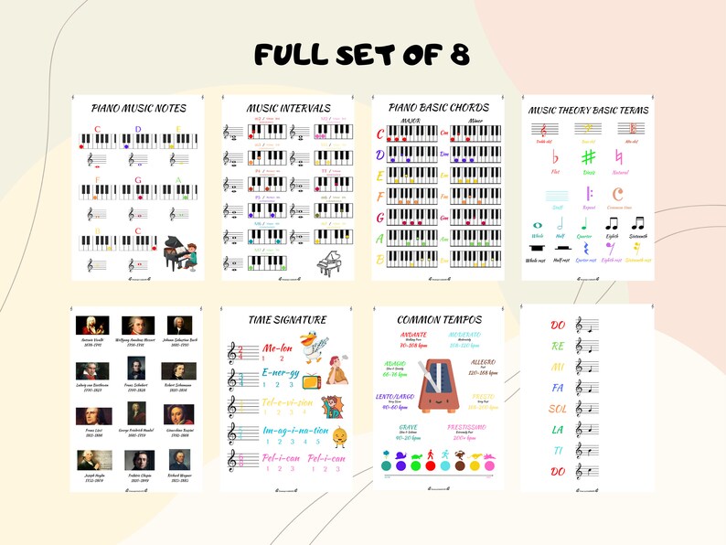 Set of 8 Music Theory Print, Music Notes, Music Education Print, Music ...
