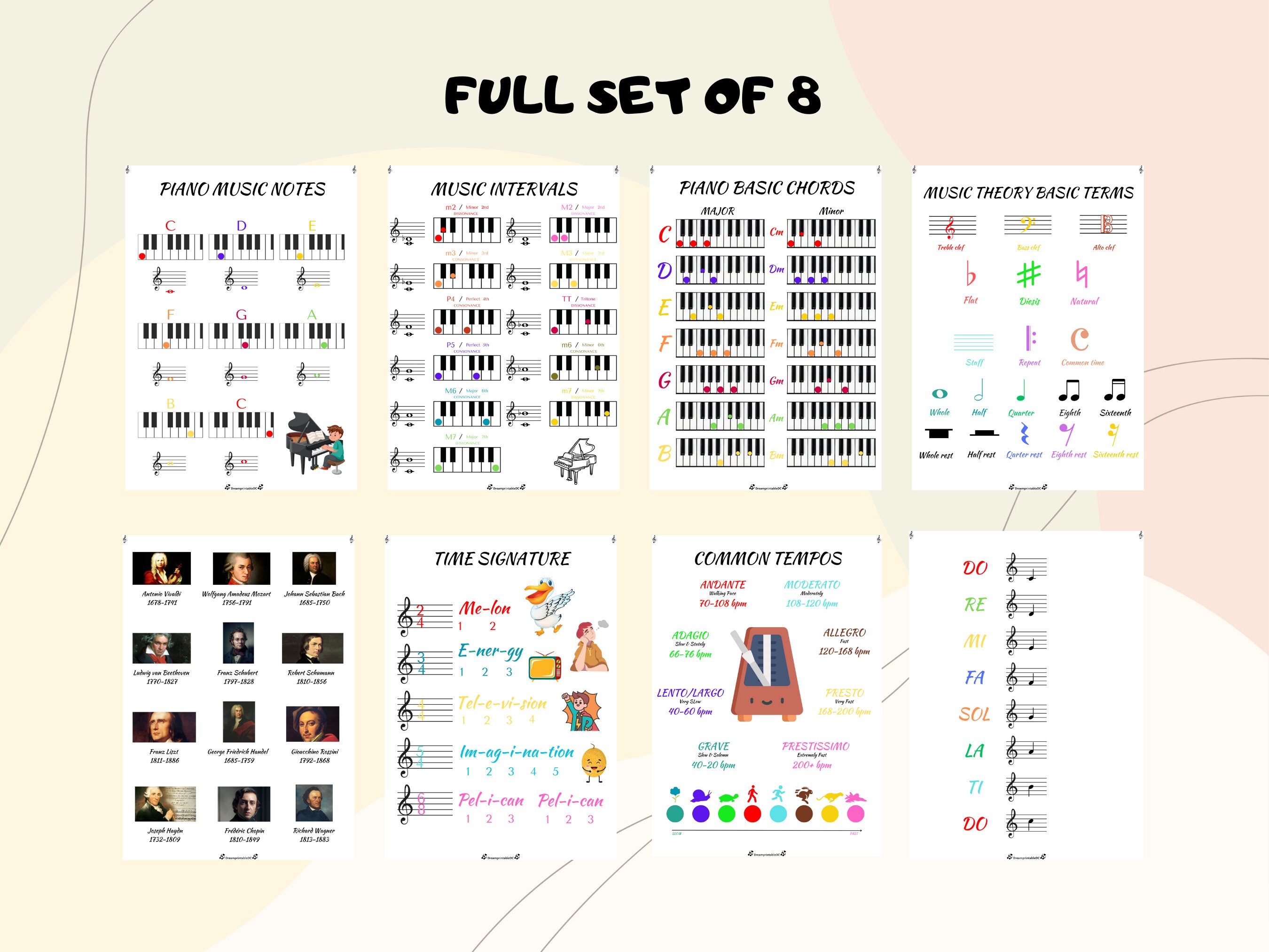Set of 8 Music Theory Print, Music Notes, Music Education Print, Music ...