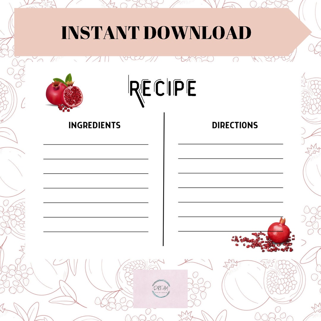 Recipe Card, Printable Recipe Card, Pdf Recipe, Recipe Card Front and ...