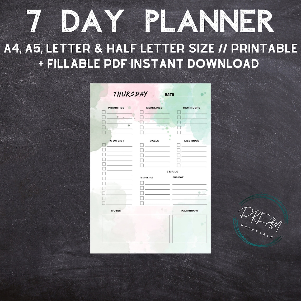 Printable 7 Day Planner, Daily Planner, Weekly Planner, to Do List, Day ...