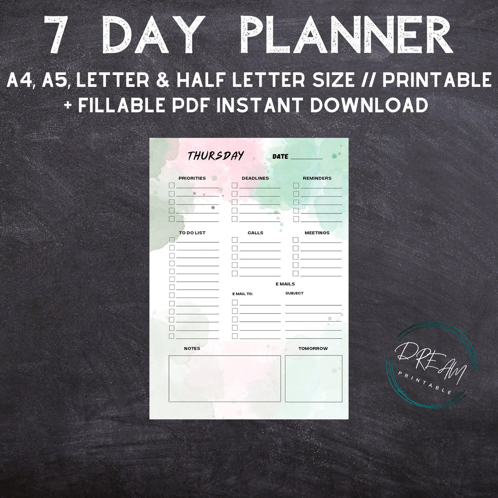 Printable 7 Day Planner, Daily Planner, Weekly Planner, to Do List, Day ...