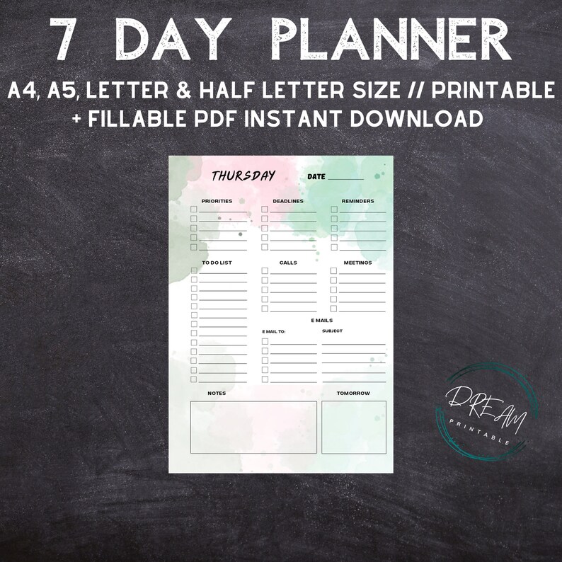 Printable 7 Day Planner, Daily Planner, Weekly Planner, to Do List, Day ...