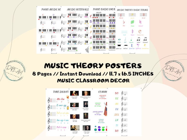 Set of 8 Music Theory Print, Music Notes, Music Education Print, Music ...