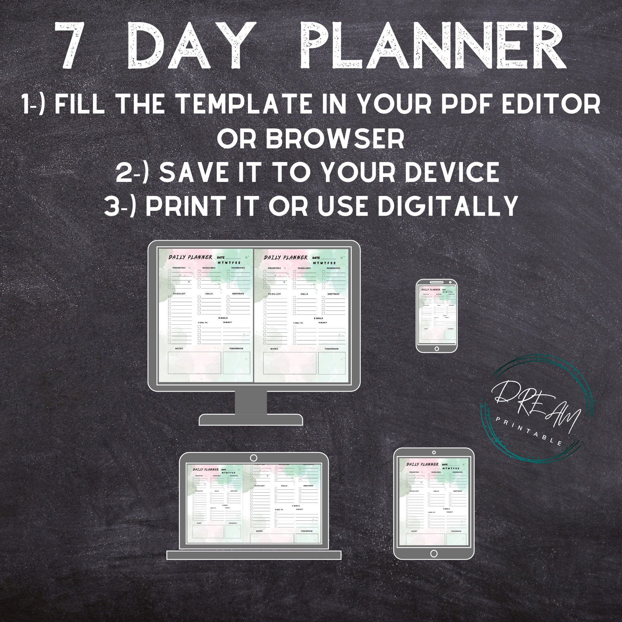 Printable 7 Day Planner, Daily Planner, Weekly Planner, to Do List, Day ...