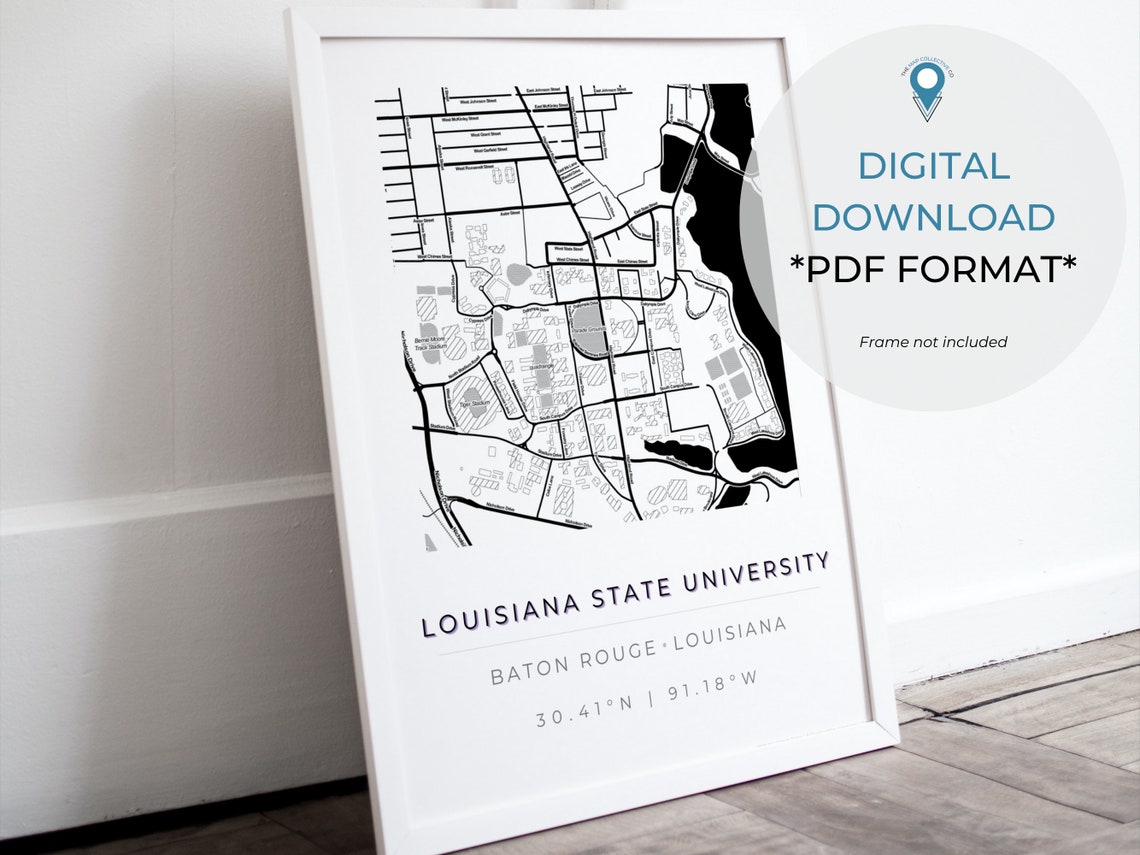 LSU Map, Square Campus Map, Louisiana Wall Art, College Map Gifts for ...