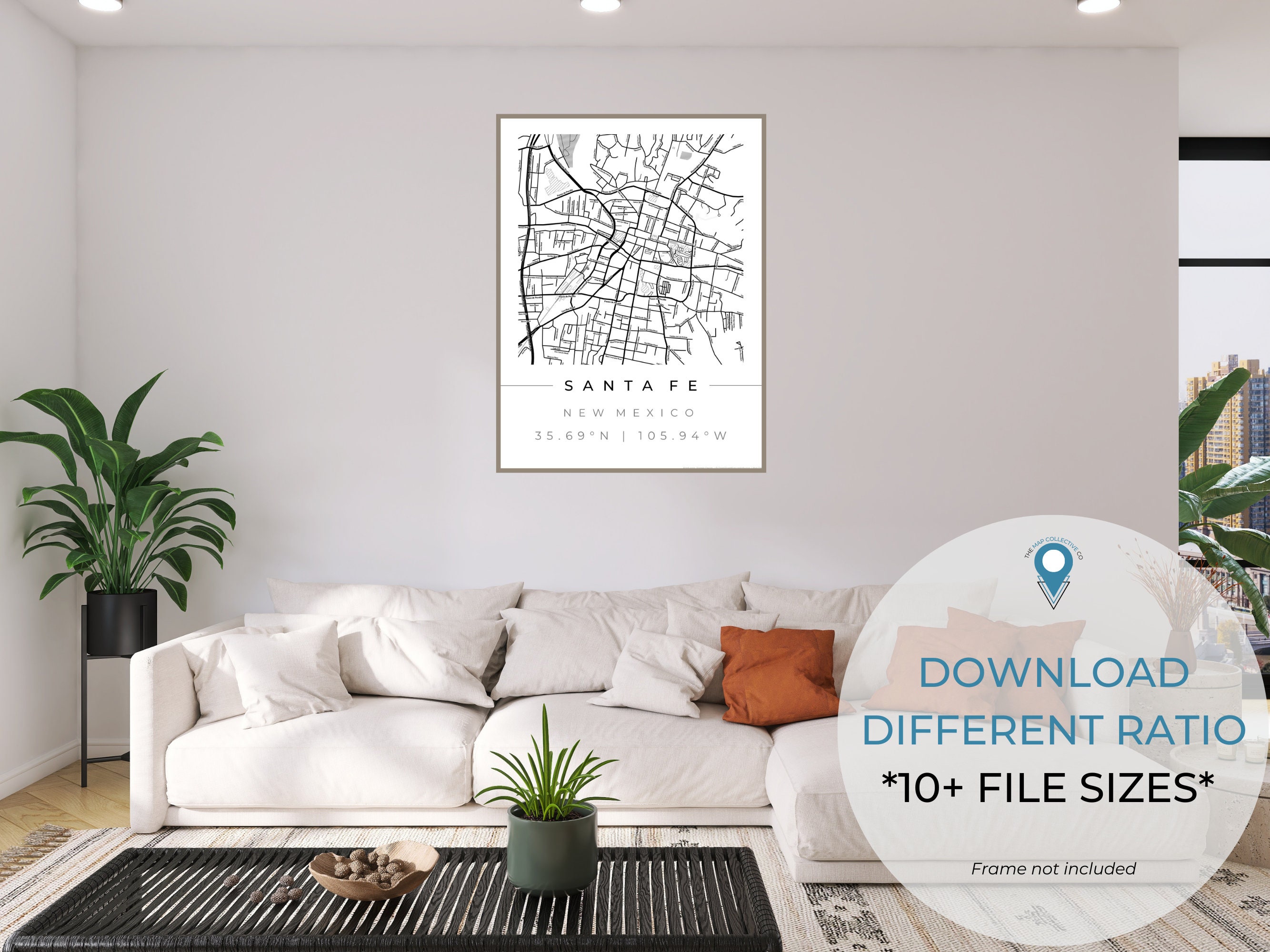 Santa Fe City Map Digital Square Map Santa Fe Map New Mexico Gifts Home ...