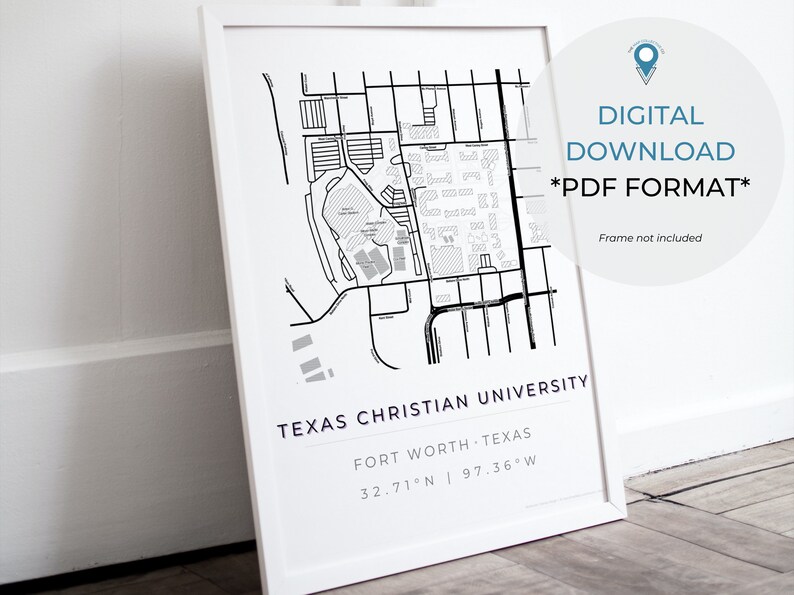 TCU Map, Texas Christian Campus Map, Texas Wall Art, College Map Gifts ...