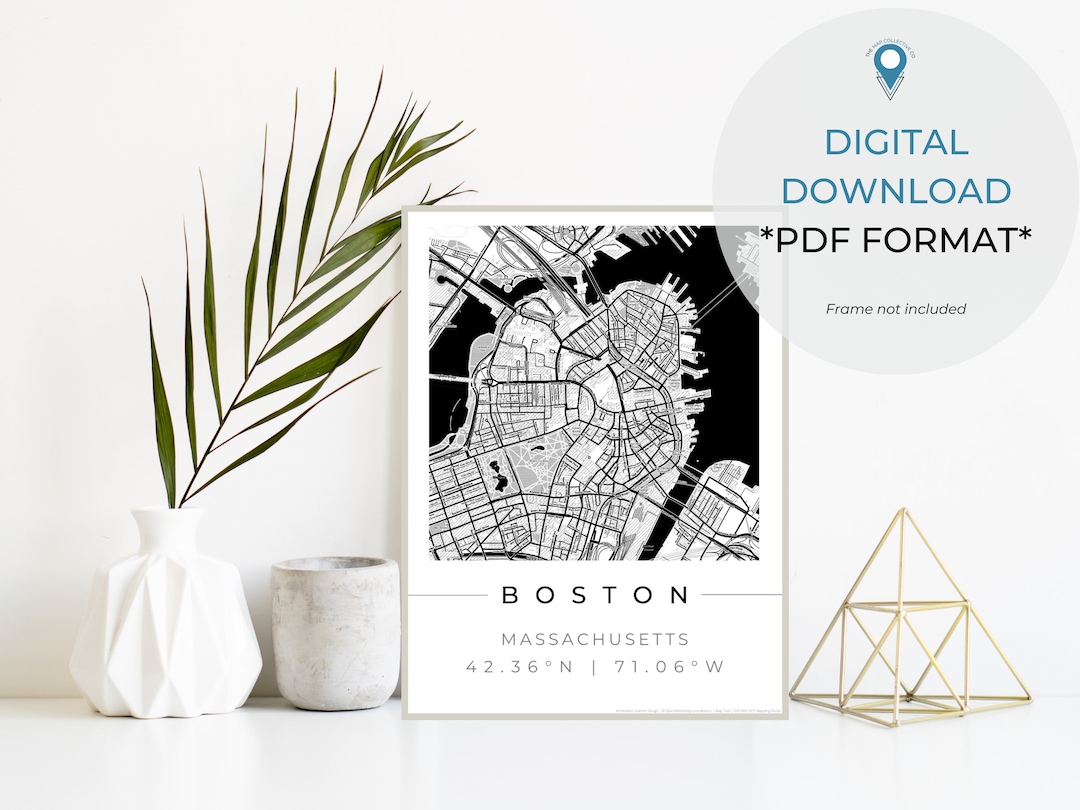 Boston City Map Digital Square Map Boston Neighborhood Map Boston Gifts ...