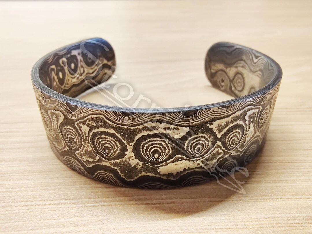 Thick Damascus Bracelet, Hand Forged Damascus Steel, Men's Cuff, Rustic ...