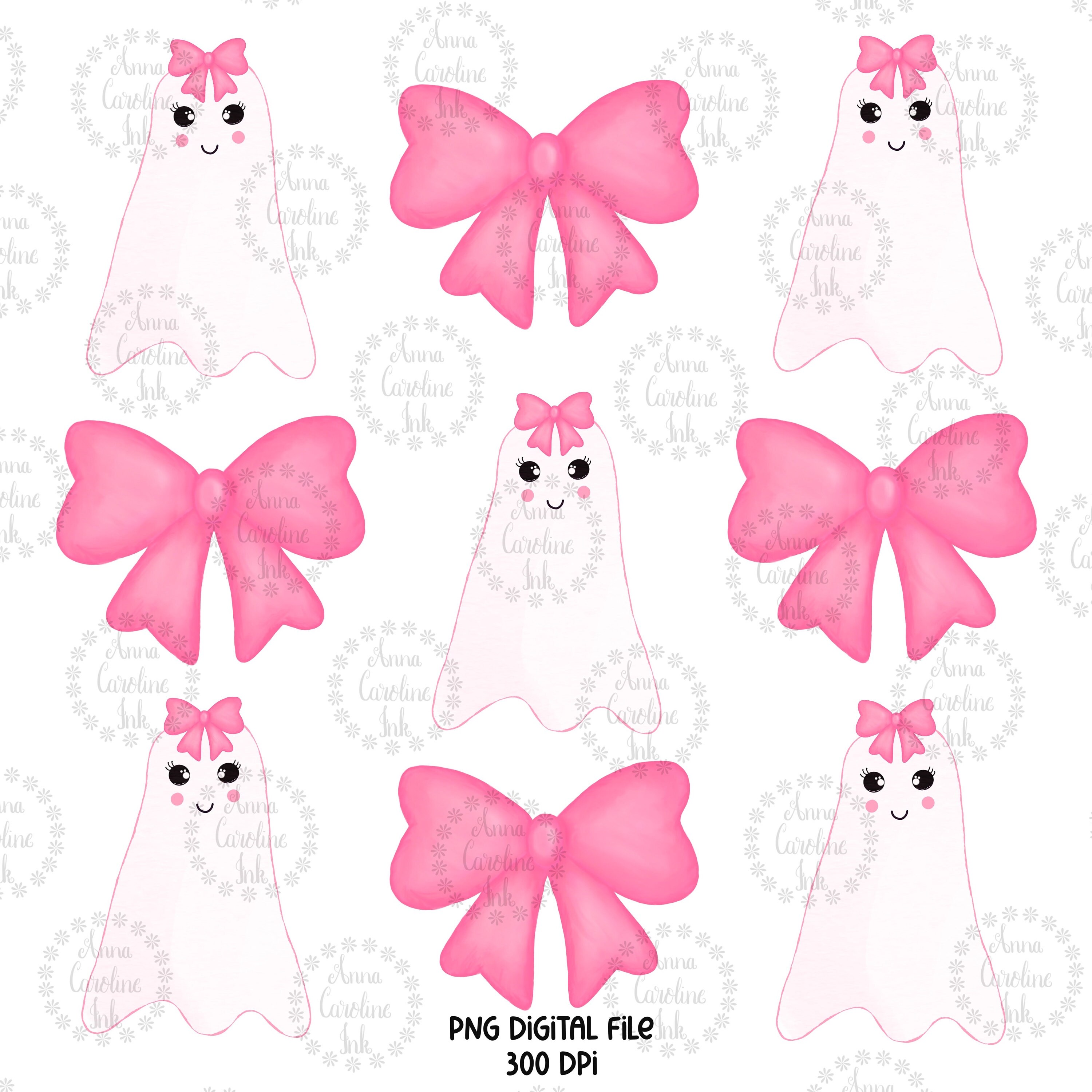 Ghosts and Bows PNG Watercolor Ghost Digital File Pink Coquette Bow ...
