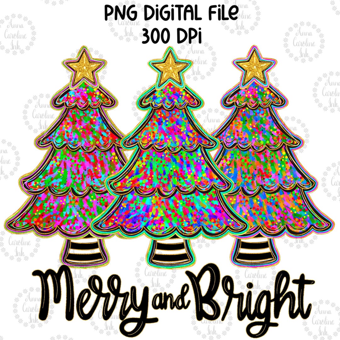 Merry and Bright PNG Colorful Hand Drawn Christmas Tree Digital ...