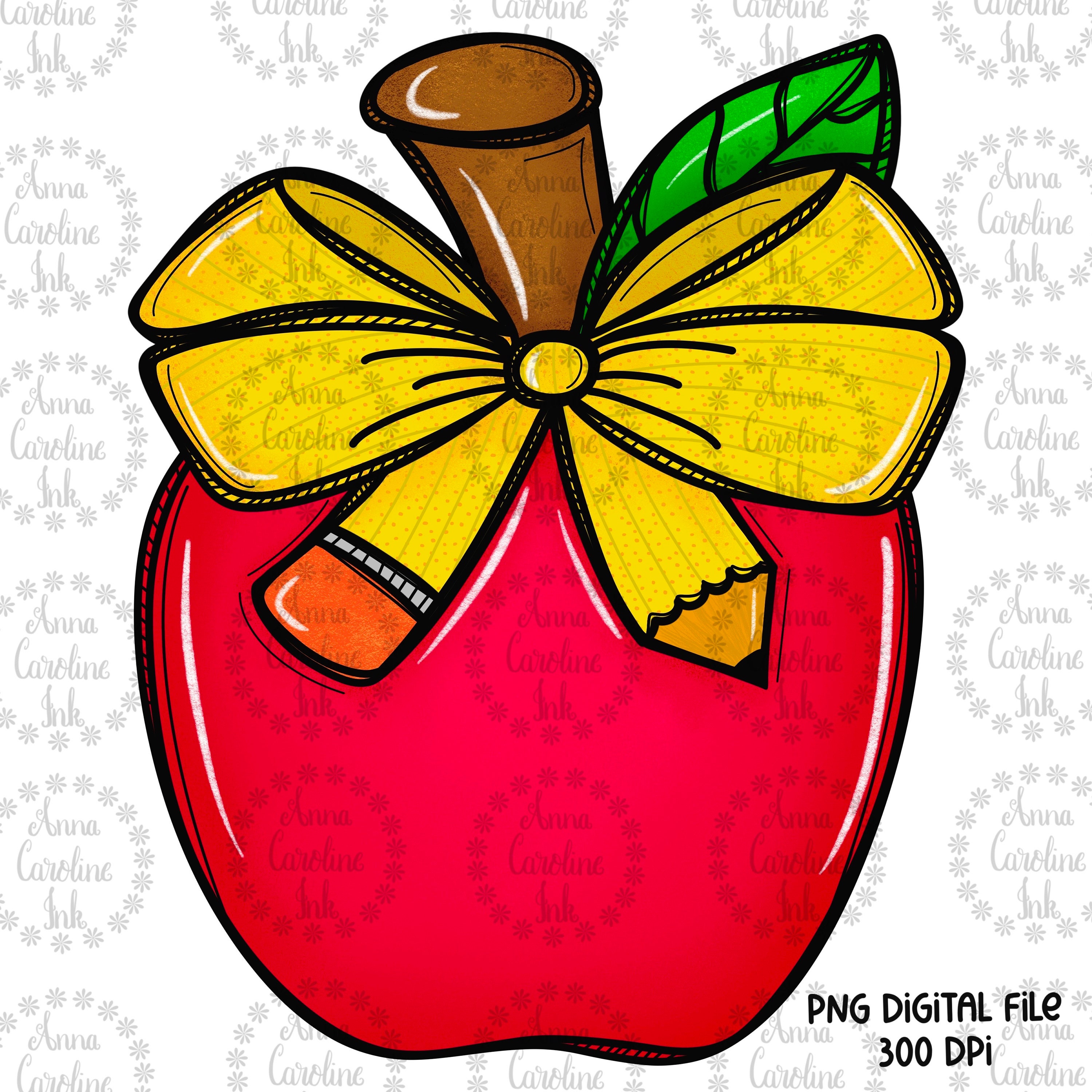Back to School PNG Yellow Pencil Bow Digital File Red Apple Sublimation ...