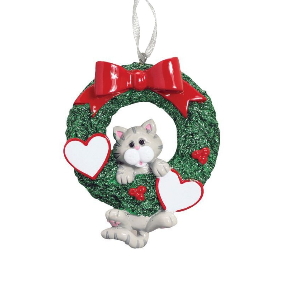 Personalized Gray Tabby Cat in Wreath Christmas Tree Ornament Gray Cat ...